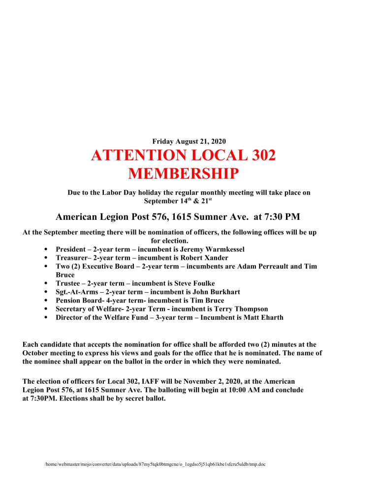 Election Notice For September Meetings – Allentown Firefighters Local ...